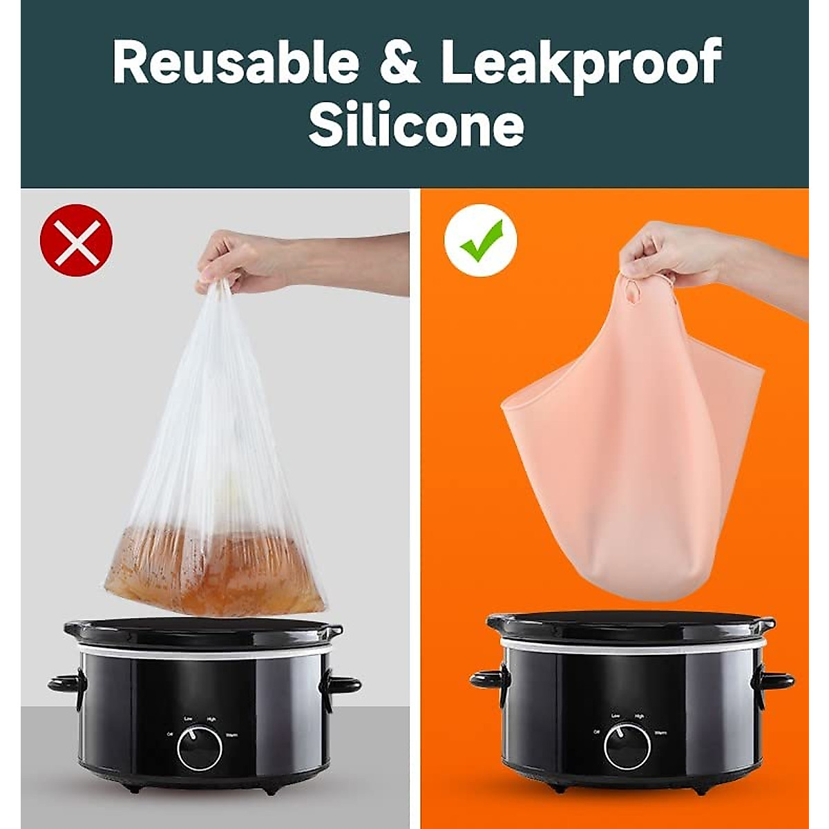 Melon Melo Reusable Crock pot Liner - Food Grade Silicone Slow Cooker Liner for 6-8 Quarts Leakproof Dishwasher Safe Cooker Bags Liners for Oval or Round 6 7 8QT