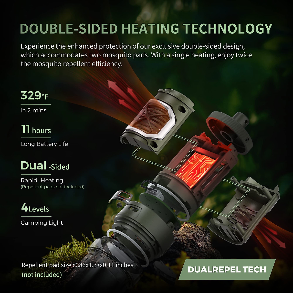 FLEXTAIL Rechargeable Tiny Mosquito Repeller 329°F Heating 30ft Protection Zone Ultra Mini with Camping Light Magnetic Design for Outdoor Camping Backpacking Patios(Repellent Pads Not Included)- Green