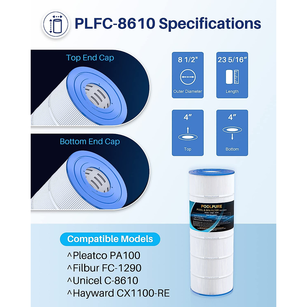 POOLPURE PLFC-8610 Pool Filter Replaces PA100, Ultral-D1, Unicel C-8610, C-7487, Filbur FC-1290, Hayward CX1100-RE, Hayward c1100, 100 Sq.ft Filter Cartridge 1PACK