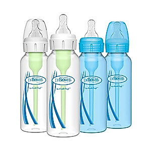 Dr. Brown’s Natural Flow® Anti-Colic Options+™ Narrow Baby Bottles, 8 oz/250ml, with Level 1 Slow Flow Nipple, 4 Pack, Blue/Clear