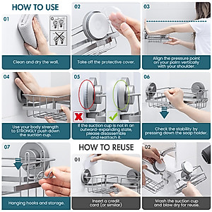 TAILI Heavy Duty Suction Cup Shower Caddy 2 Pack, Removable Rustproof Stainless Steel Shower Rack, Drill-Free Shower Shelf with Hooks, Wall Mounted Basket Organizer for Bathroom, Grey