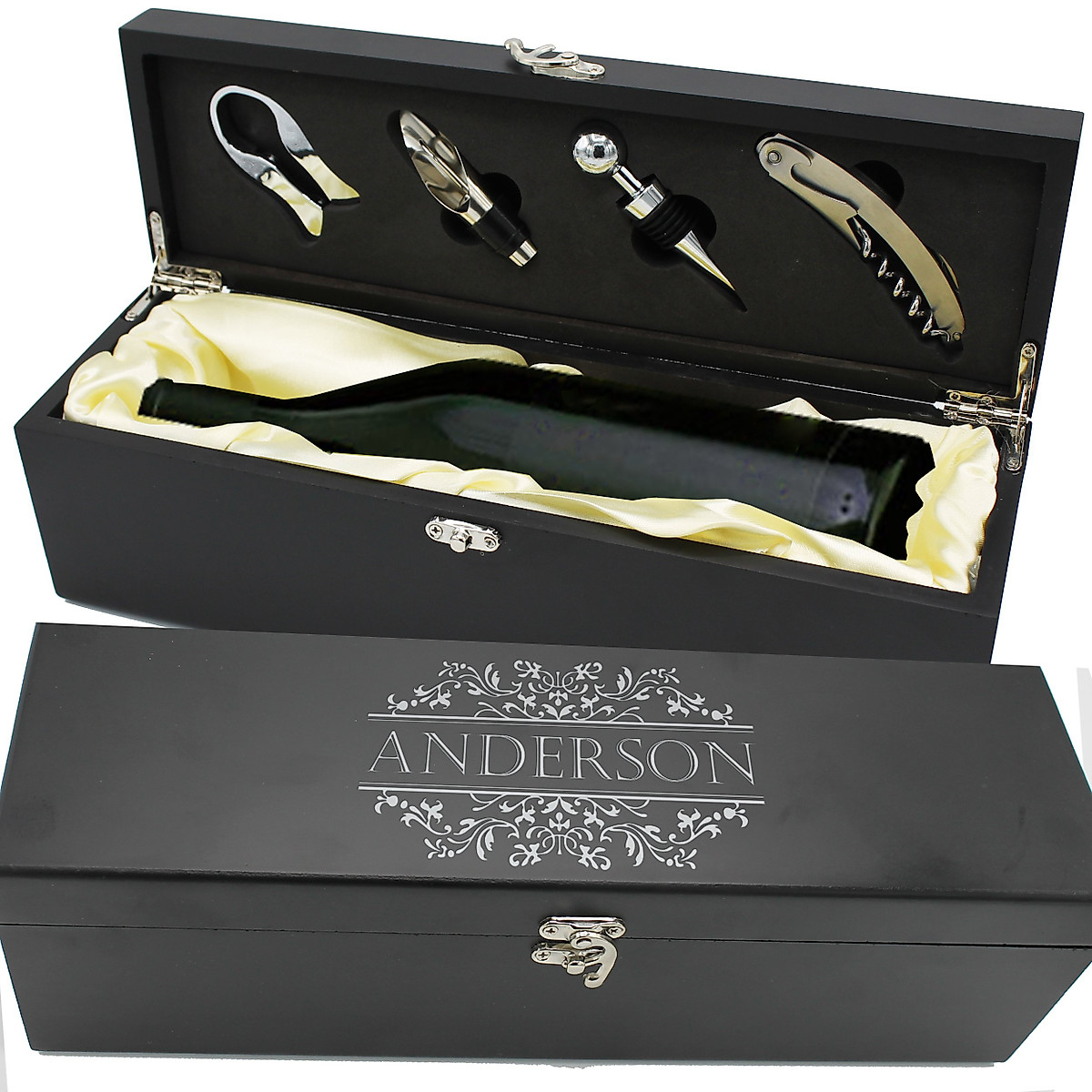 Personalized Wood Wine Box - Anniversary Ceremony Couples Wedding Wine Box Holder - Custom Engraved (Black Matte)