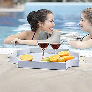 Sophinique Shagreen Vegan Leather Scallop Edges Serving Tray for Drinking & Food, Wooden Tray with Acrylic Handles for Watches, Mobiles, Cosmetics, Non-Slip Bottom Ottoman Decorative Tray (Blue)