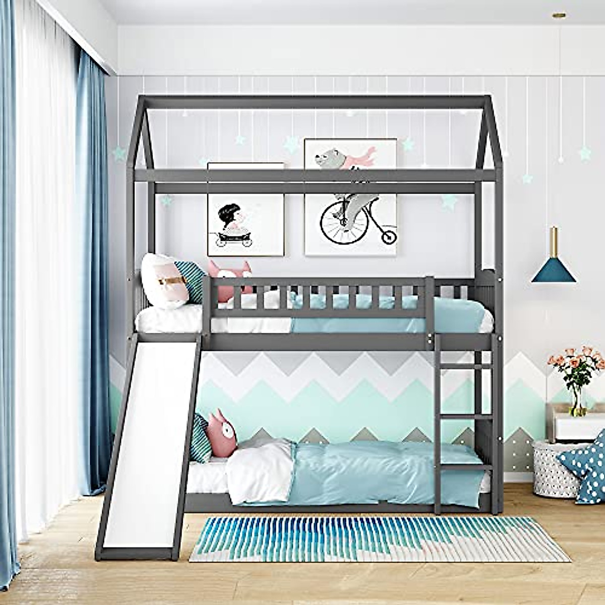 House Bunk Beds with Slide, Twin Over Twin Bunk Bed with Roof, Solid Wood Playhouse Bunk Bed for Kids Girls Boys Teens