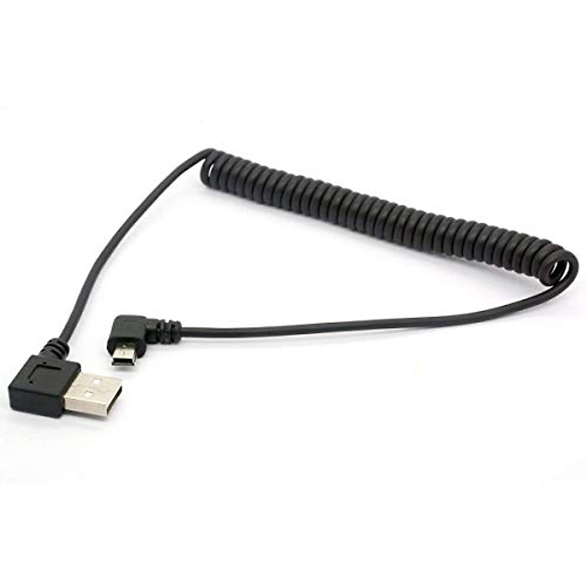 Coiled Mini USB Cable, 90 Degree Spring USB 2.0 to Mini USB Cable Cord, Right Angle Charging and Sygn Mini USB Adapter Lead