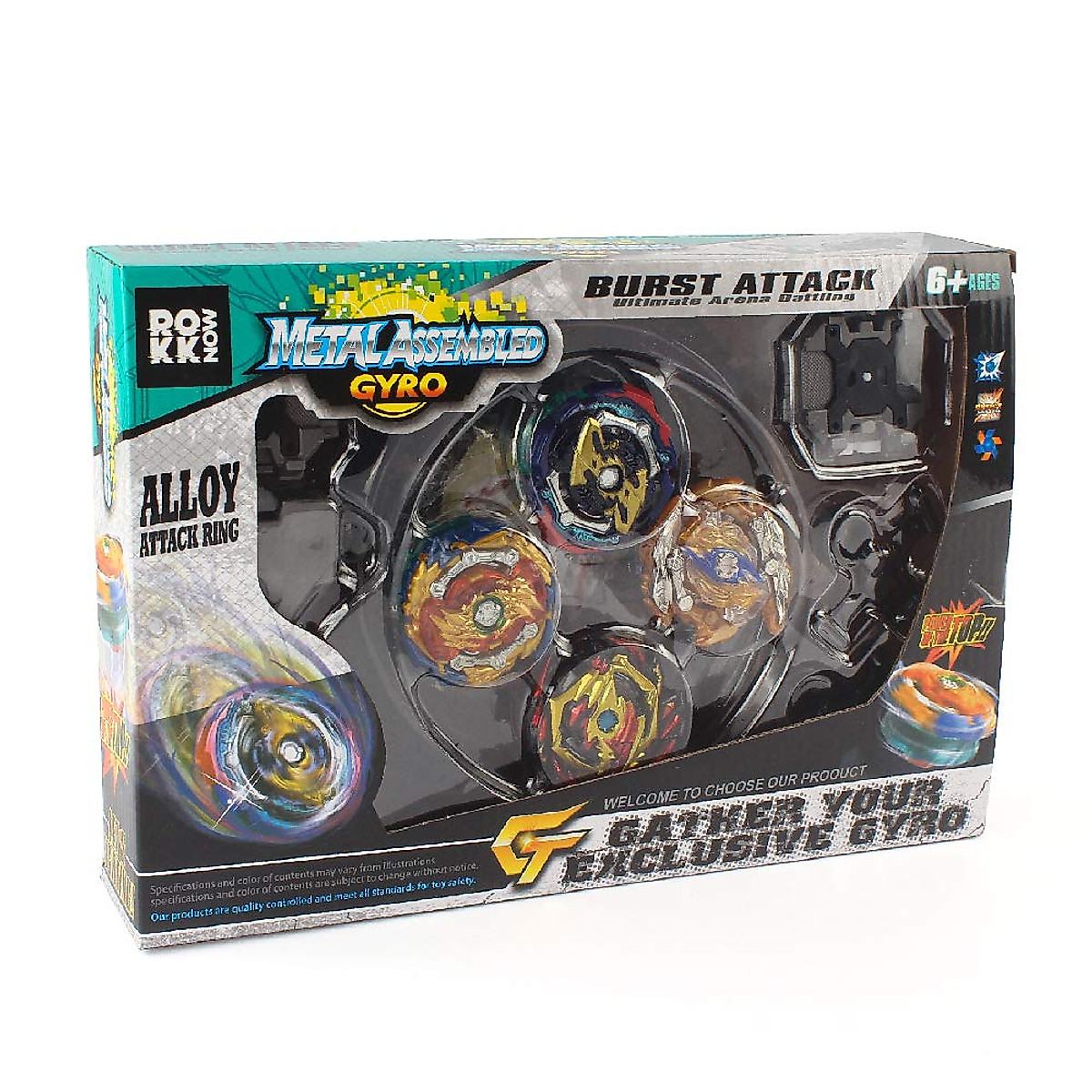 ROKK NOW Metal Fury | Bey Battle Burst Gyro Attack Metal Spinning Tops with Starter Battle Arena, Launchers & Includes 4 Battling Metal Gyro Blades for Adults & Children, Boys & Girls (26A)