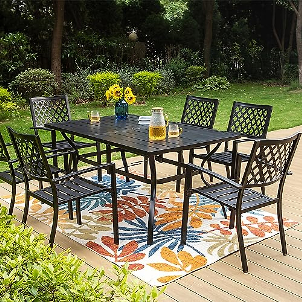 PHI VILLA Patio Dining Stackable Chairs, Outdoor Wrought Iron Furniture Set Bistro Chairs with Armrest,Black (Fishnet Pattern, 2 Set)