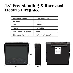 18 Inch Electric Fireplace Insert, Freestanding & Recessed Electric Fireplace Heater,Adjustable Heater, Indoor Electric Stove Heater