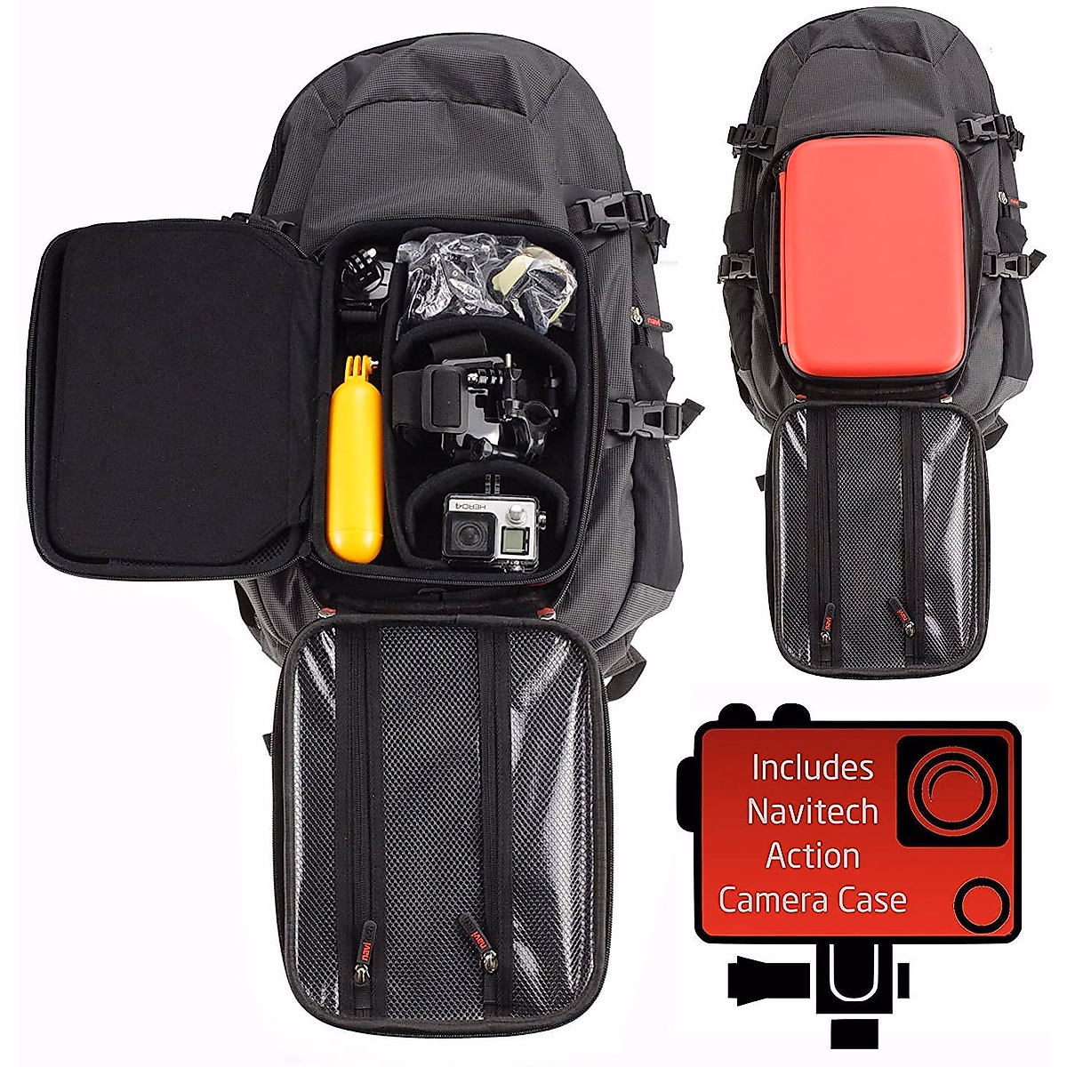Navitech Action Camera Backpack & Red Storage Case with Integrated Chest Strap - Compatible with The AKASO EK7000 Pro Action Camera