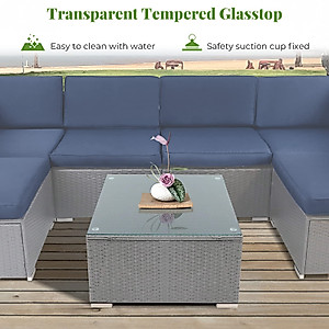 Crownland Patio Furniture Grey Wicker Square Outdoor Coffee Tables with Square Glass Top for Garden, Pool, Backyard