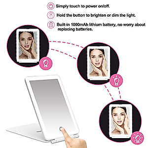 deweisn LED Tabletop Mount Makeup Mirror for Travel, 32 LEDs Lighted Vanity Mirrors with Dimmable Lighting,Compact, Slim, Rechargeable Folding Lighted Mirror for Beauty (White)