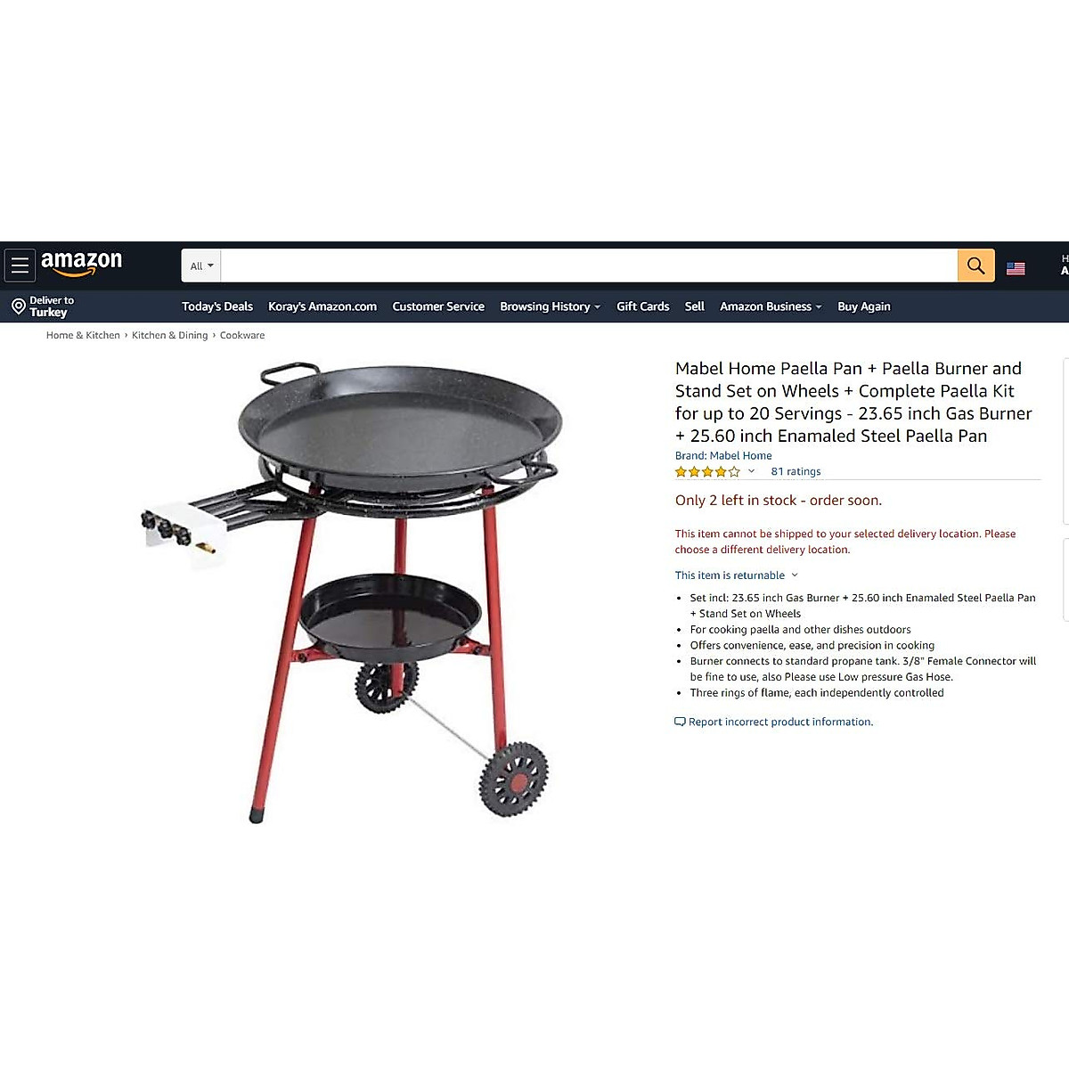 Mabel Home Paella Pan + Paella Burner and Stand Set on Wheels + Complete Paella Kit for up to 20 Servings - 23.65 inch Gas Burner + 25.60 inch Enamaled Steel Paella Pan