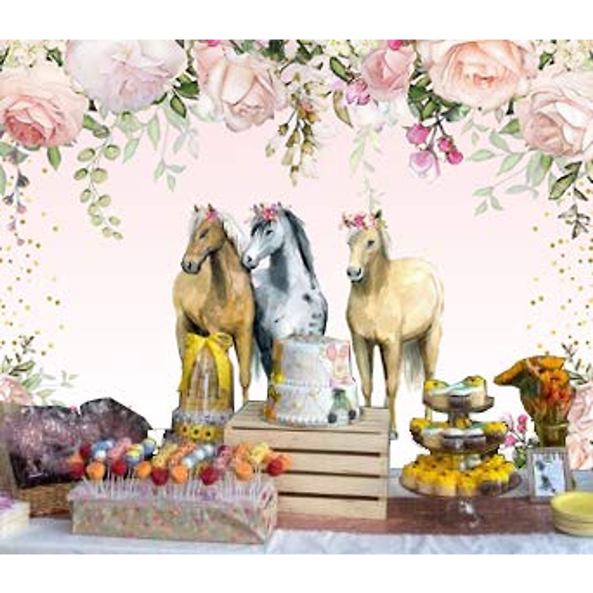 Pink Flower Countryside West Cowboy Cowgirl Horse Theme Photography Backdrop 5x3ft Children Boy or Princess Girl Birthday Photo Background Baby Shower Party Supplies Banner Cake Table Decor Vinyl