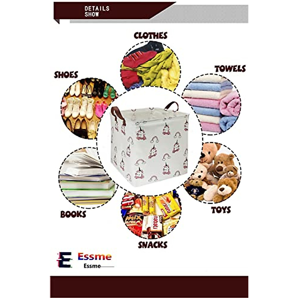 ESSME 3PACK Square Storage Bin,Cotton Fabric Laundry Baskets,Collapsible Waterproof Toy Storage Bin with Handles for Family Storage,Shelf Baskets,Bedroom(Rainbow Unicorns)