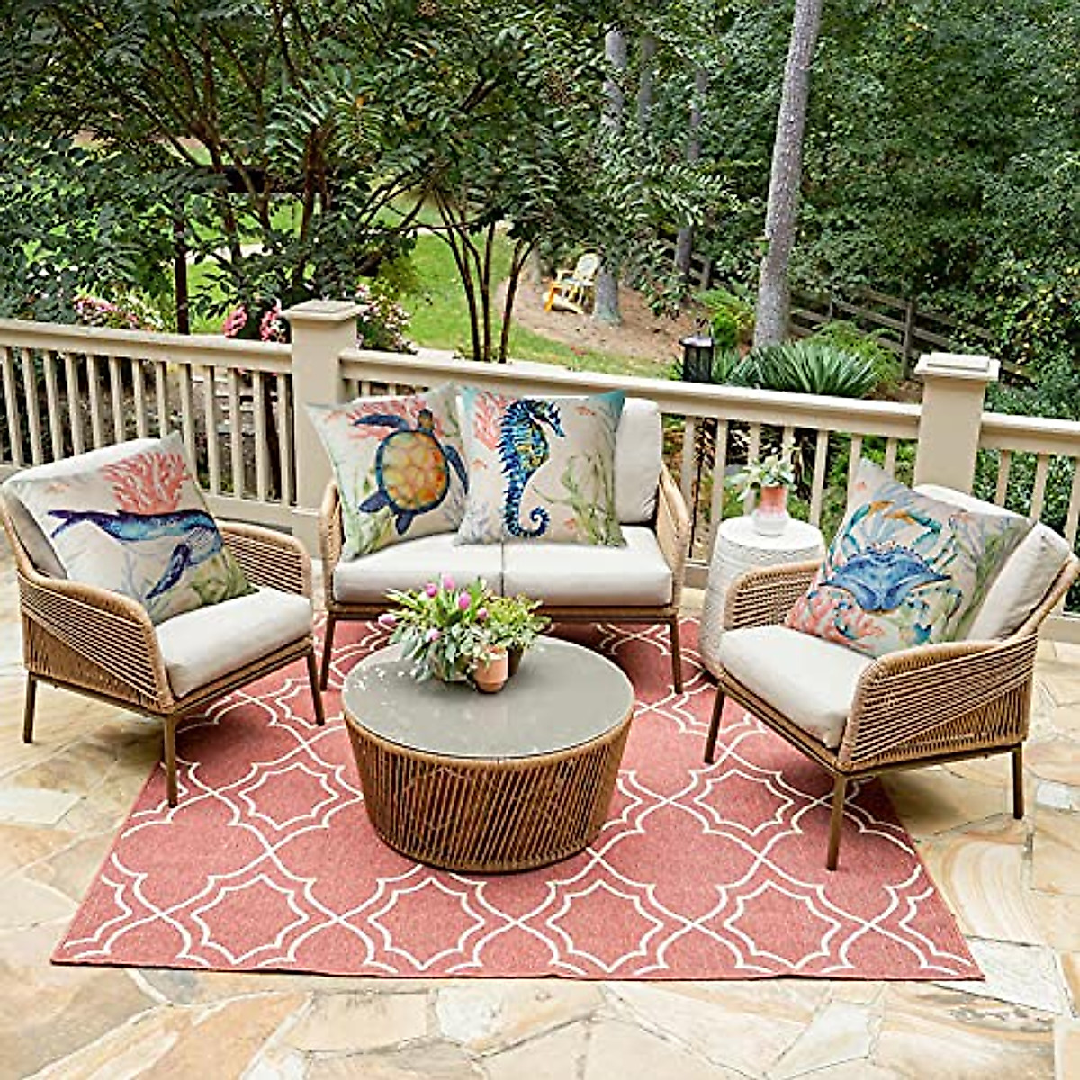 Artscope Set of 4 Waterproof Throw Pillow Covers 18x18 Inches, Marine Life and Pink Coral Pattern Decorative Cushion Covers, Perfect to Outdoor Patio Garden Living Room Sofa Farmhouse Decor