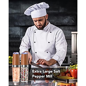 FORLIM Upgraded 9 Oz Capacity Gravity Electric Salt and Pepper Grinder Set, Battery Powered One Hand Operation Refillable Automatic Pepper Grinder Adjustable Coarseness(Wood grain)