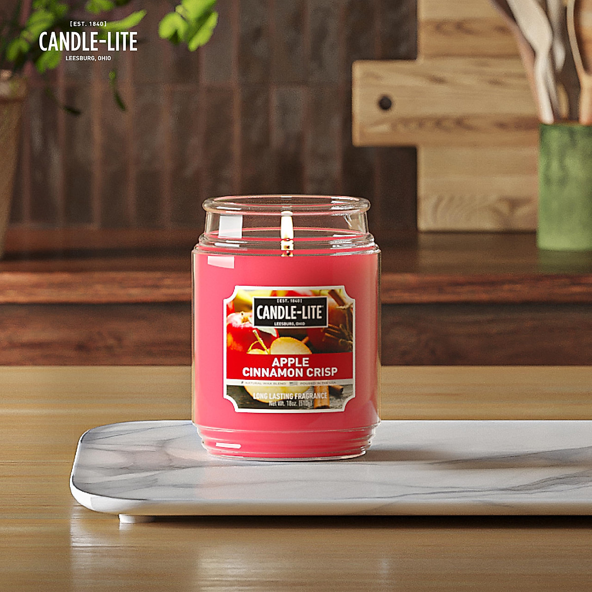 Candle-LITE Scented Candles, Apple Cinnamon Crisp Fragrance, One 18 oz. Single-Wick Aromatherapy Candle with 110 Hours of Burn Time, Red Color (Individual Box)