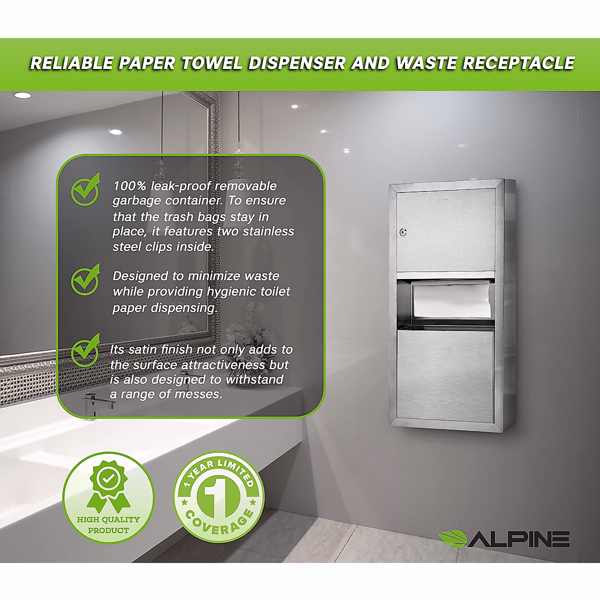 Alpine Commercial Paper Towel Dispenser and Waste Receptacle - Stainless Steel Toilet Paper Dispenser with Rounded Tray for 350 C-Fold or 475 Multifold Paper Towels (2-Gallon Capacity Trash Bin)