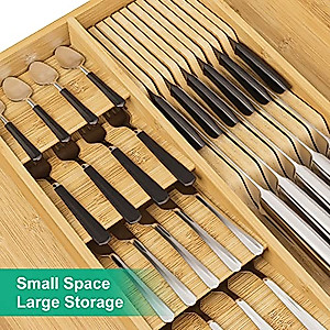 kiplant Bamboo Kitchen Drawer Organizer, Expandable Cutlery Tray Silverware Organizer with Large Knife Blocks for Silverware, Flatware, Knives, Utensil Organizer for Kitchen Drawers