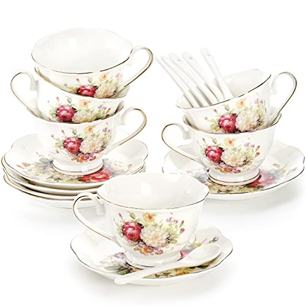 Foraineam Tea Cups and Saucers Set of 6, Floral Tea Cup Set with Gold Trim, 6 oz Porcelain Ivory Coffee Cups with Saucers and Spoons, Latte Cups and Espresso Mug for Coffee Drinks and Tea