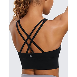 CRZ YOGA Womens Strappy Longline Sports Bra - Medium Impact Criss Cross Yoga Padded Workout Crop Top Black Medium