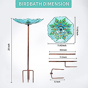 MUMTOP Glass Bird Bath, Garden Outdoor Birdbaths Birdfeeder with Metal Stake Peacock