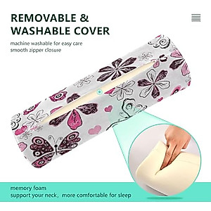 xigua Pink Butterfly Floral Neck Roll Pillow for Neck Relief with Removable Washable Cover - Memory Foam Round Cylinder Bolster, Ergonomically Designed for Head, Neck, Back, and Legs