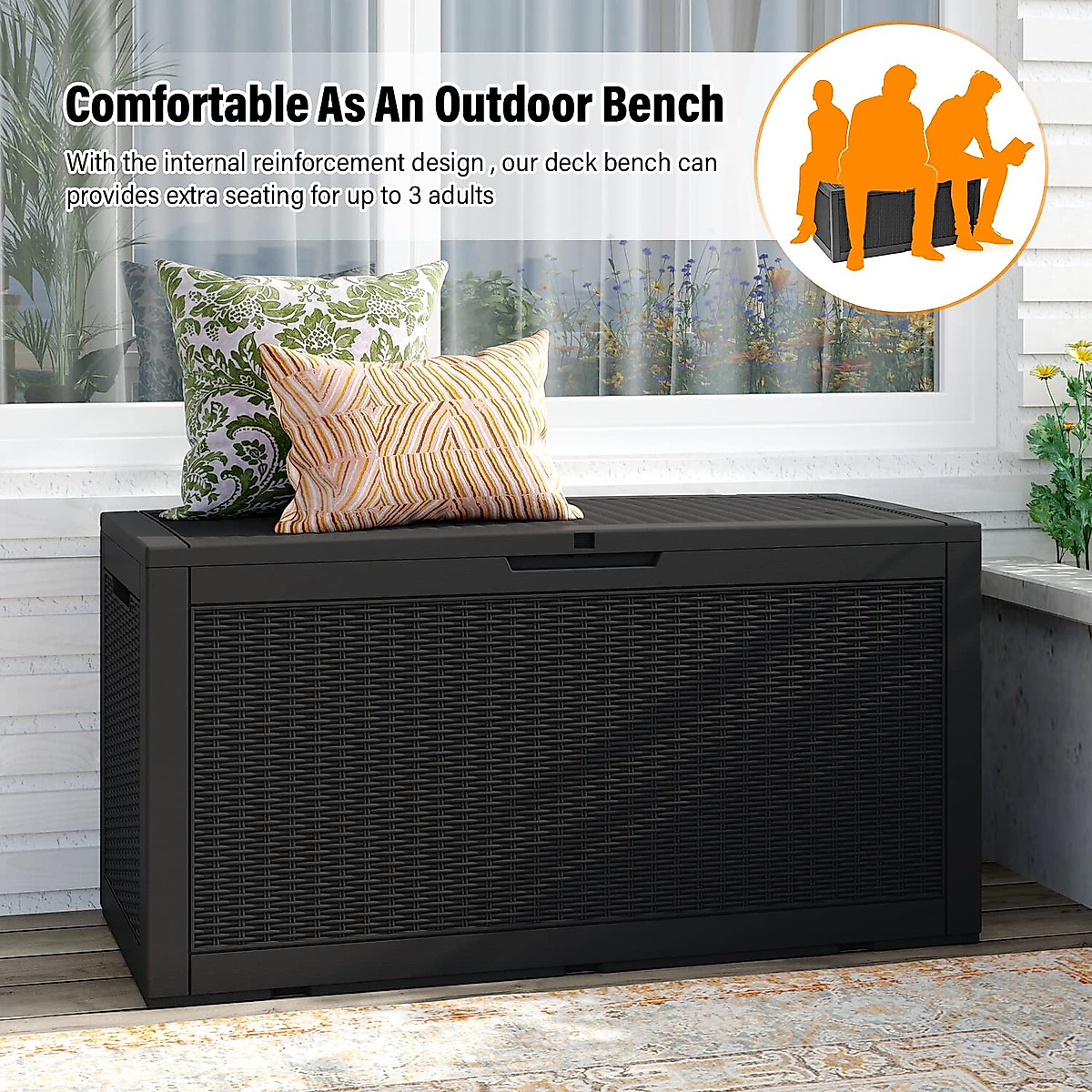 PayLessHere 100 Gallons Deck Box Multifunctional Storage Box Waterproof Outdoor Storage Pool Storage Box Bench with keyhole for Indoor/Outdoor Garden Pool Patio Storage