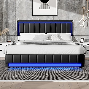 NEDYO Queen Size Bed Frame with Headboard, Platform Bed Frame with LED Lights&4 Storage Drawers, Faux Leather Upholstered Headboard, Wooden Slats Support, NO Box Spring Needed. Metal Black