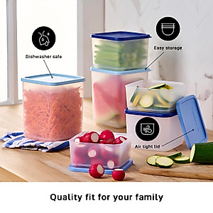 Tupperware Stacking Square Storage Set - Dishwasher Safe & BPA Free - (6 Clear Containers + 6 Blue Lids)