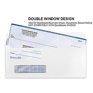 #8 Double Window Security Check Envelopes, No.8 Double Window Bussiness Envelopes Designed for QuickBooks Checks - Computer Printed Checks - 3 5/8 X 8 11/16 (NOT for INVOICES) - 24 LB - 500 Count
