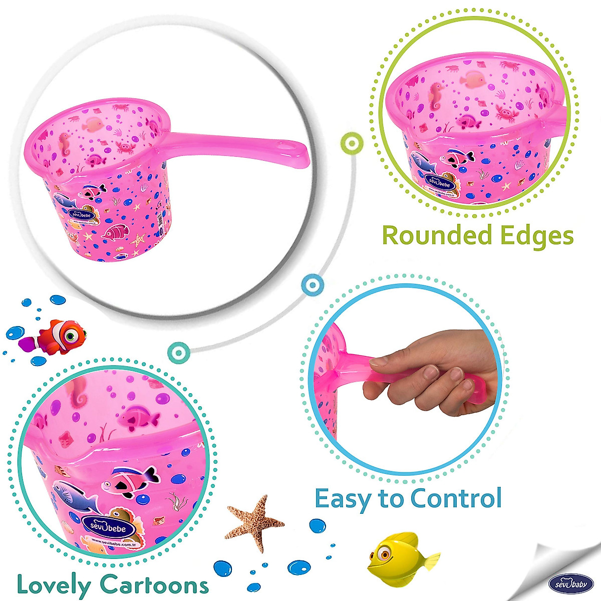 Sevi Baby Bath Rinse Cup, Certified Bath Water Scoop, Baby Shampoo Rinser, Baby Bath Mug Made from BPA-Free Safe Material, (1250 ml / 42.2 oz) - Made in Turkey (Pink) (Pink)