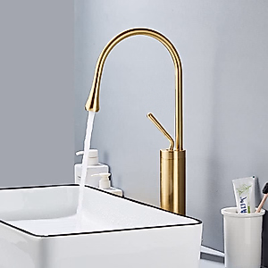 Luxury High Arc Single Handle One Hole,Tall Modern Bathroom Vessel Sink Faucet, Solid Brass Lavatory Vanity Faucet, Free Pop Up Drain Assembly and Water Hoses. cUPC Certified (Brushed Gold)