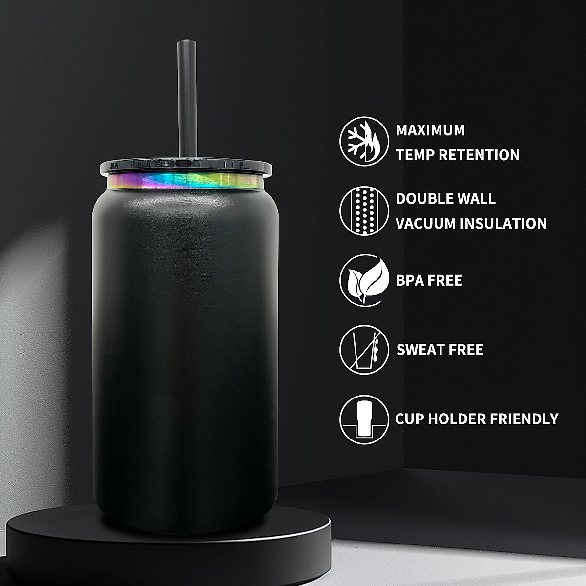 Glass Cups with Lids and Straws, 16 oz Stainless Steel Cups, Insulated Skinny Tumbler, Powder Coated Travel Mugs for Laser Engrave, Iced Coffee Cup for Smoothie Water DIY Gift (Black,1 pack)