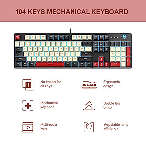 MageGee Mechanical Gaming Keyboard MK-Armor LED Blue Backlit and Wired USB 104 Keys Keyboard with Red Switches, for Windows PC Laptop Game(Black&White)…