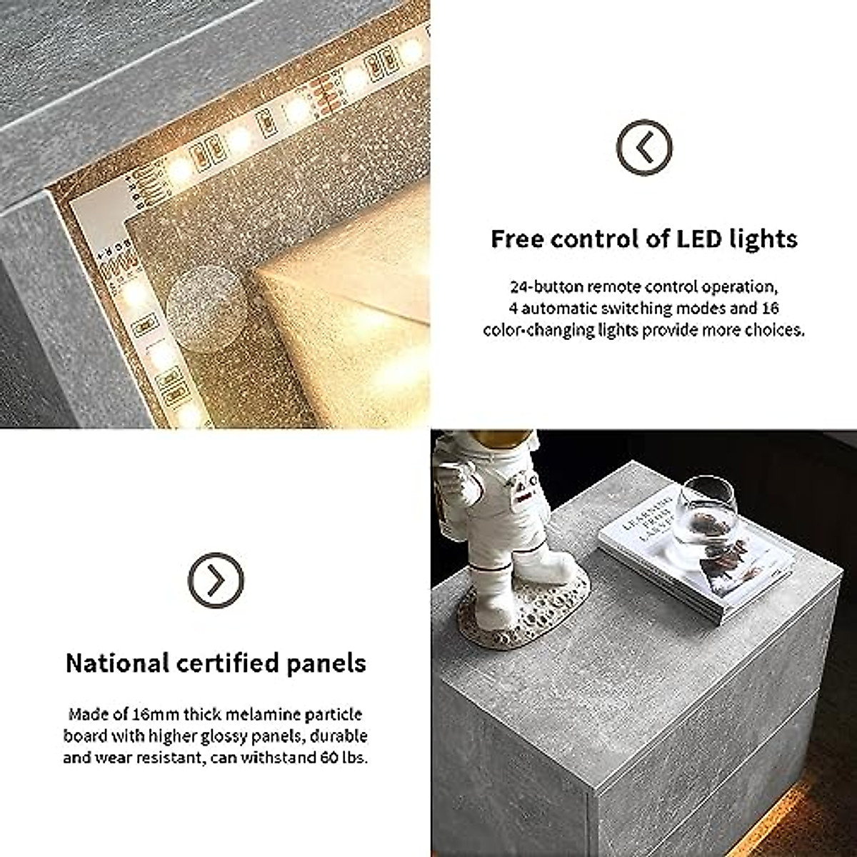 Cubehom Set of 2 Nightstand with LED Strip Lights, Modern Bed Side Table with 2 Drawers, End Table for Living Room, Bedroom, Hallway, Grey Marbling