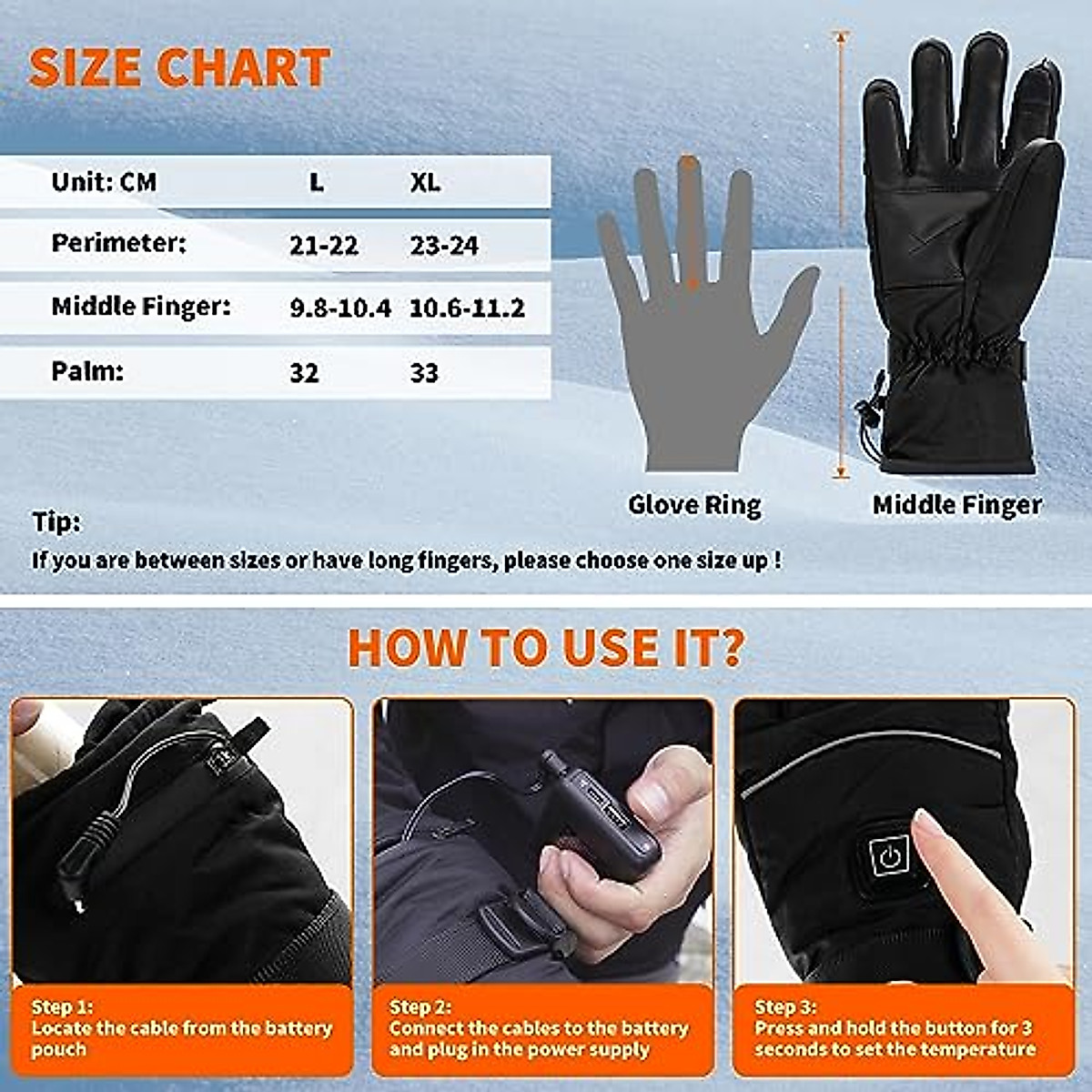 Heated Gloves for Men Women, CARSHAM 6000mAh Rechargeable Battery Heated Motorcycle Gloves, Waterproof & Touchscreen & 3 Temperature Modes, Electric Heating Gloves for Outdoor Sports