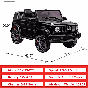 TOBBI Electric Car for Kids, Licensed Mercedes Benz G63 Kids' Electric Vehicle, 12V Kids Ride On Car with Parents Remote Control, Openable Doors/Spring Suspension System/Music's Play/Led Lights-Black