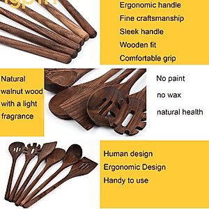 6 PCS Black Walnut Kitchen Utensils Set for Cooking, Natural Wooden Cooking Utensils,Wood Slotted Spoon Spatula Turner Set for Nonstick Cookware Pasta Fork Spaghetti Server Soup Ladle,A
