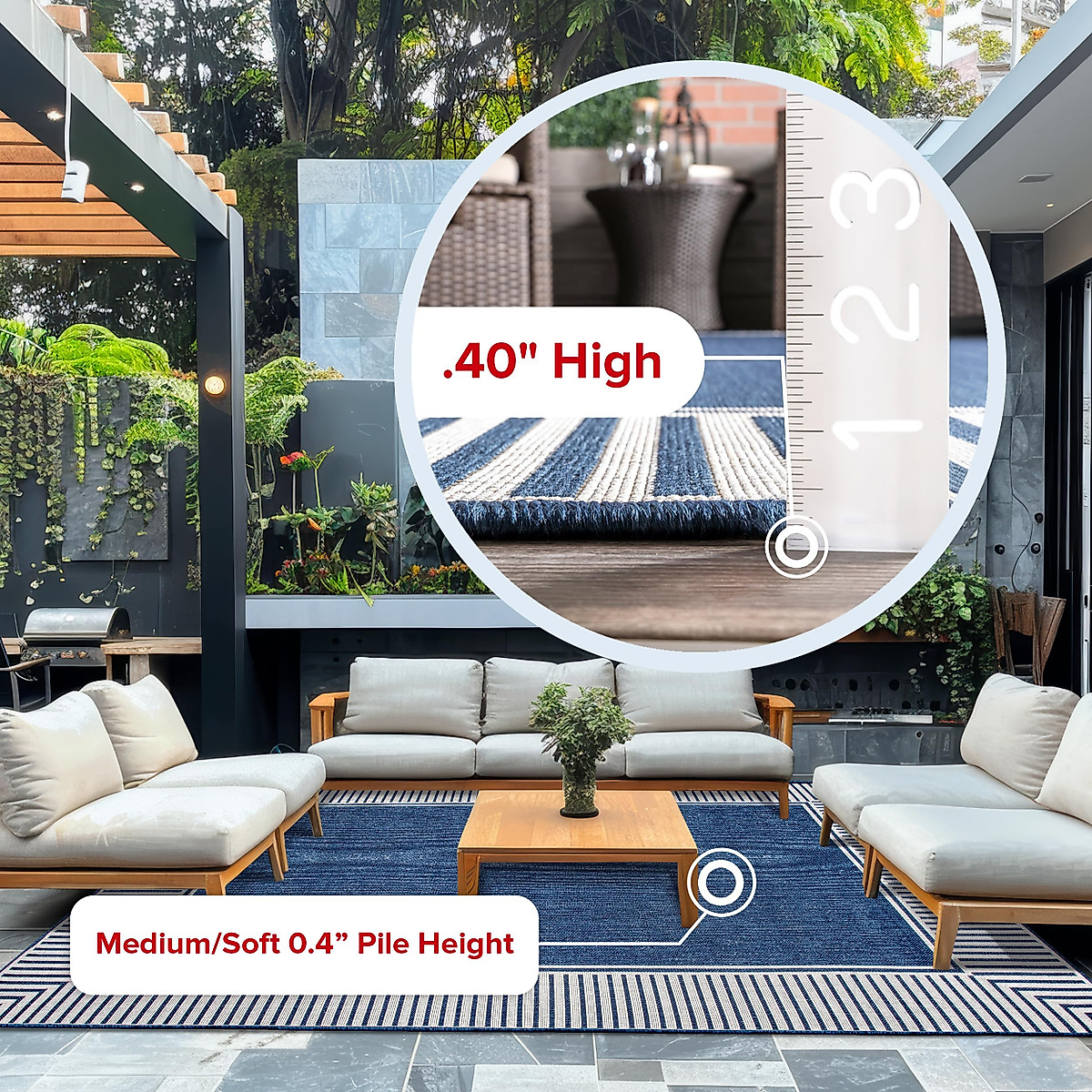 nuLOOM 7' Round Outdoor Area Rug, Casual Design With Striped Border, Stain Resistant, Highly Durable, For Patio, Balcony, Bedroom, Living Room, Dining Room, Bathroom, Navy