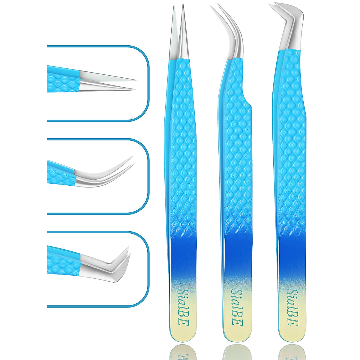 Eyelash Extension Tweezers-3 Pcs Diamond Grip Lash tweezers For Eyelash Extensions-SialBE Straight And Curved L-Shape Eyelash Tweezers, Tweezers For Eyelash Extensions With Silver Tip