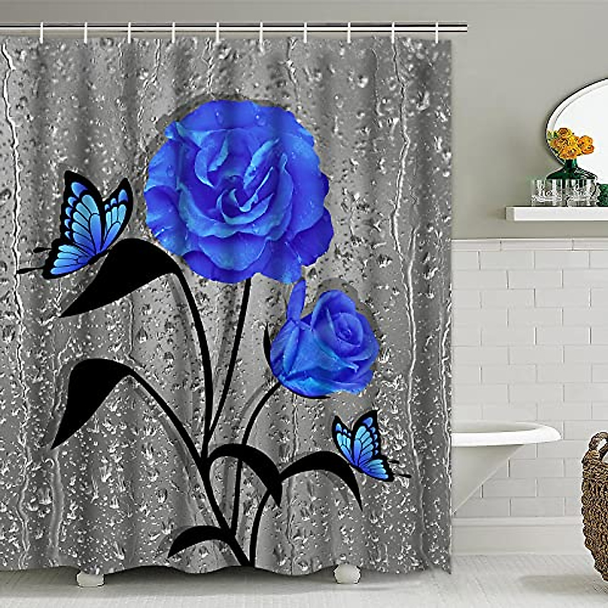 Alishomtll 4 Pcs Blue Rose Shower Curtain Sets with Non-Slip Rug, Toilet Lid Cover and Bath Mat, Butterfly Floral Shower Curtain with 12 Hooks, Waterproof Blue and Gray Shower Curtains for Bathroom