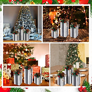 3 Pcs Christmas Table Centerpieces Christmas Table Decor Faux Present Wooden Blocks Rustic Decoration with Buffalo Plaid Bowknot for Holiday Xmas Tree Shelf Tiered Tray Decor (Black, White)