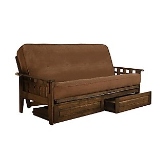 Jerry Sales Tucson Rustic Walnut Frame and Mattress Set with Choice to add Drawers, 8 Inch Innerspring Futon Sofa Bed Full Size Wood (Marmont Mocha Matt, Frame and Drawers)