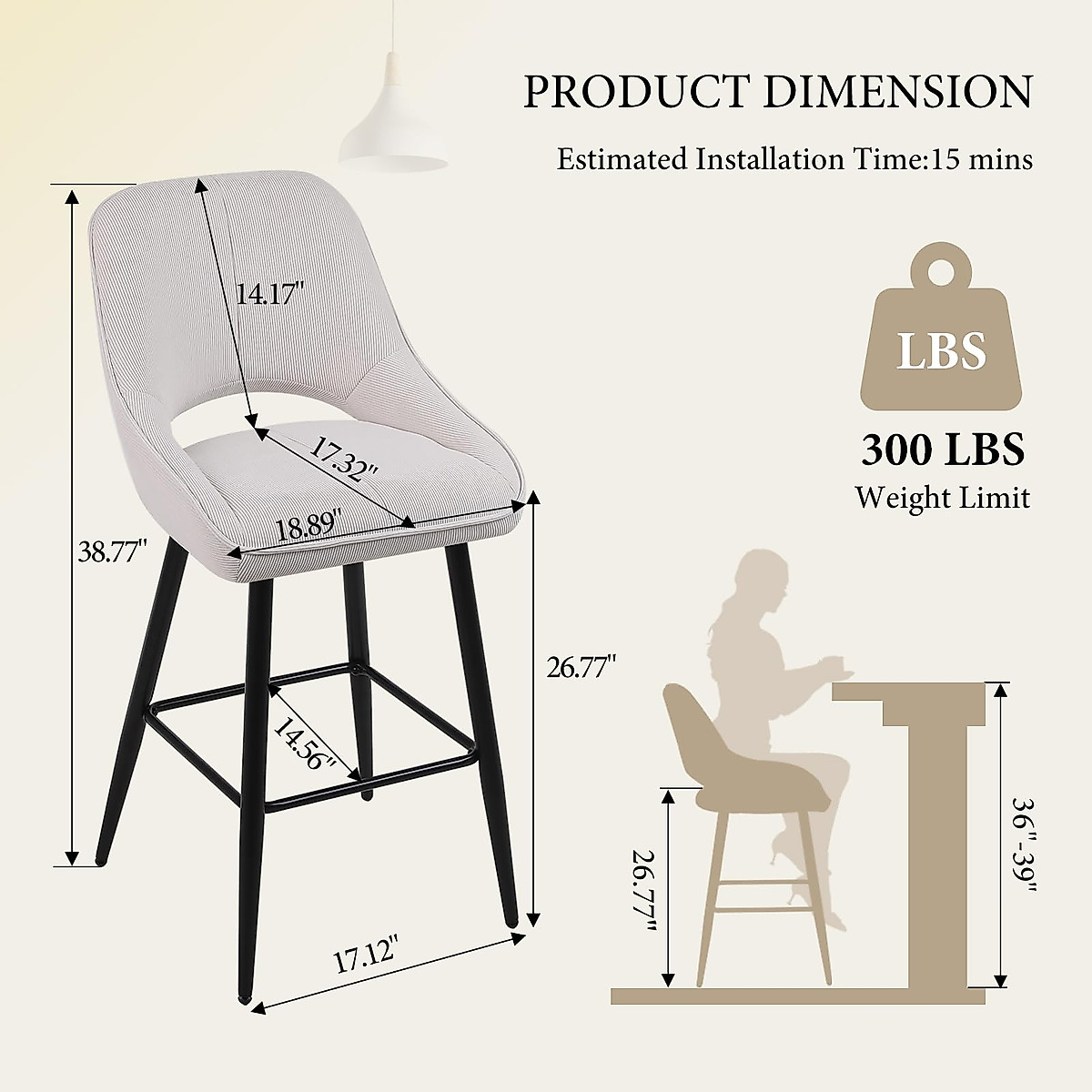 Chummaven Counter Stools Set of 2 Mid Century Modern Barstools with Legs Upholstered Bar Stools with Hollow Back 26 Inch Counter Height Stool Chairs for Kitchen Island(Beige)