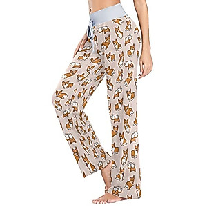Women's Comfy Pajama Pants Cartoon Corgis Pattern Casual Drawstring Palazzo Lounge Wide Leg Pants, Medium