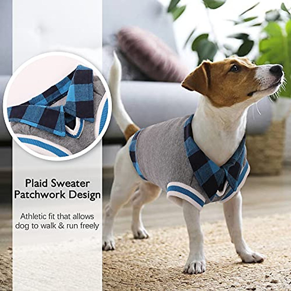 Kuoser Dog Sweater, Fleece Lined Warm Pullover Dog Jacket,Windproof Dog Winter Coat Pet Apparel Outfit, Plaid Thickening Dog Knitwear Sweatershirt with Leash Hole for Small Medium Dogs Cats