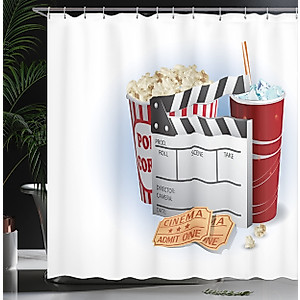 Ambesonne Movie Theater Shower Curtain, Soda Tickets Fresh Popcorn and Clapper Board Blockbuster Premiere Cinema, Cloth Fabric Bathroom Decor Set with Hooks, 69" W x 70" L, Pale Blue Ruby