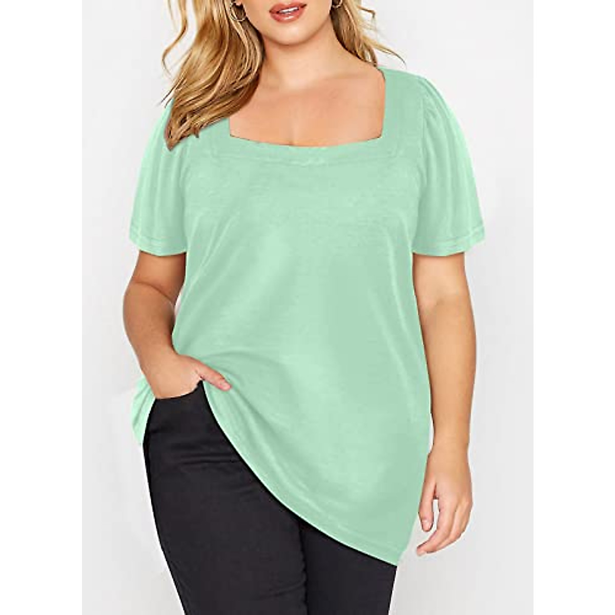 Eytino Womens Plus Size Shirts Square Neck Puff Sleeve Loose Fit Blouse Tops,4X Light Green