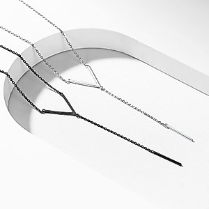 ChicSilver Black Bar Drop Y Necklace for Women Sterling Silver Minimalist Lariat Y-Shaped Necklace Delicate Simple Bar Pendant Long Necklace